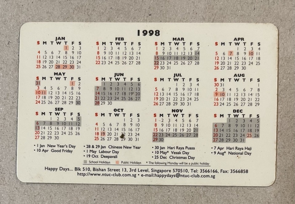 1998 Singapore Happy Days restaurant pocket Calendar card Marilyn ...