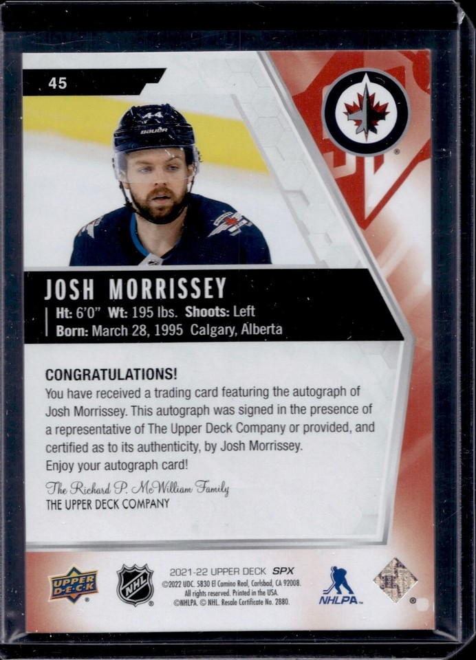 2021-22 Upper Deck SPX Hockey Josh Morrissey JETS #45 Autograph | eBay