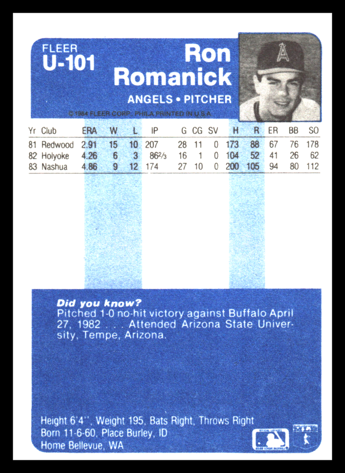1984 Fleer Update #U-101 Ron Romanick California Angels Rookie | eBay