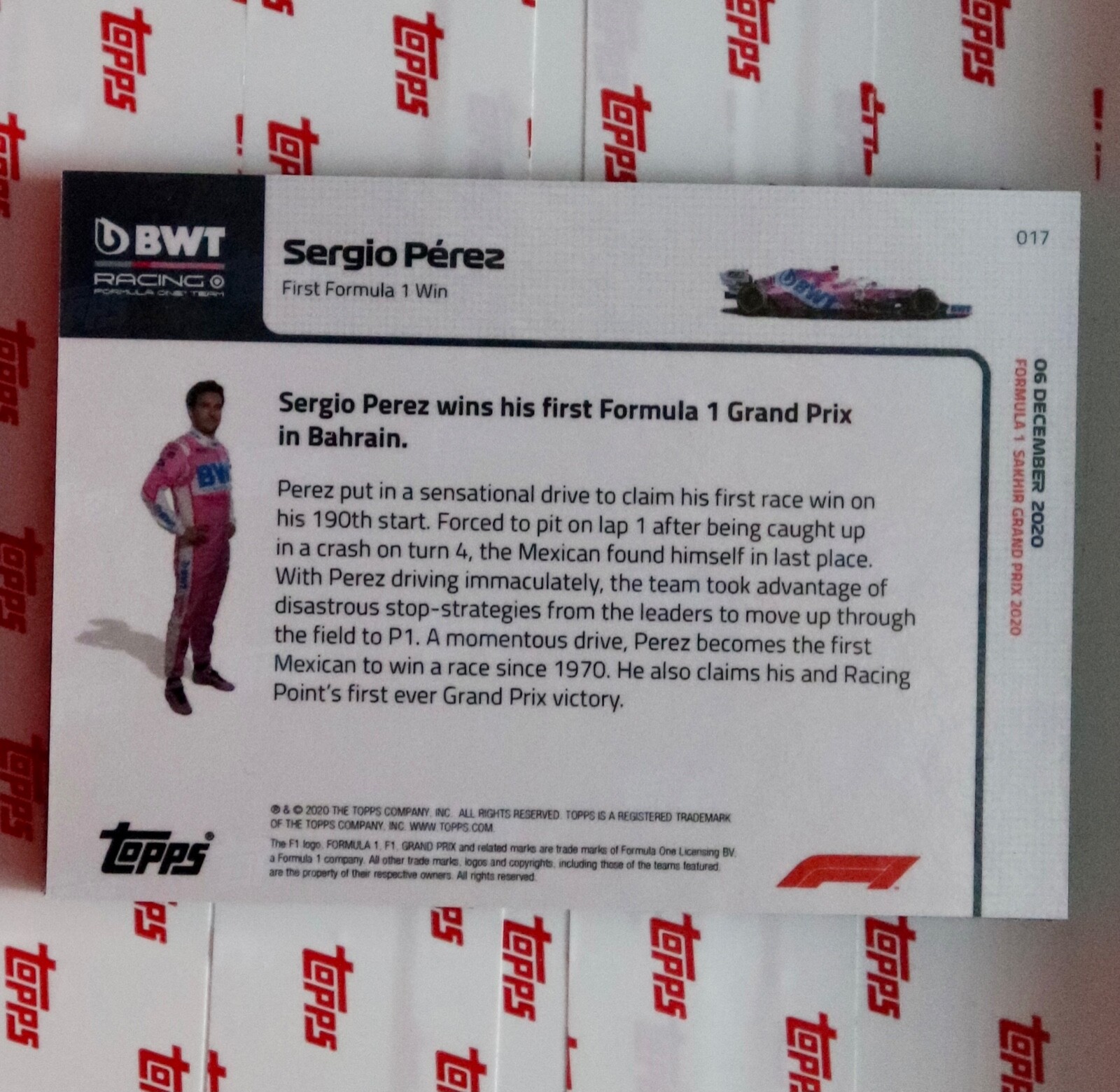 2020 Topps Now #17 Formula 1 Sergio Perez 1st win BWT Racing Sakhir ...