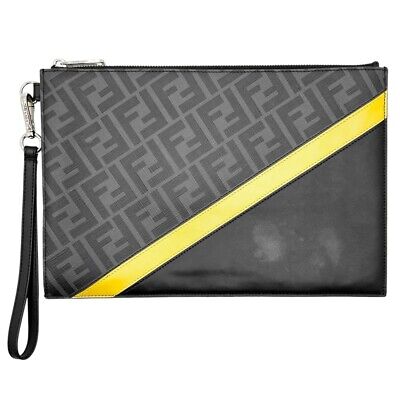 Fendi Men's Zucca Clutch Bag Black Yellow Leather Slim Pouch Fendi Men's Zucca Clutch Bag Black Yellow Leather Slim Pouch