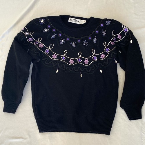 Western Connection Vintage Bling Beaded Rhinestone Black Purple Sweater ...