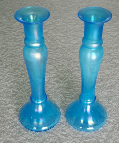 Vintage Diamond Blue Iridescent Stretch Glass Candlesticks Or Vases | eBay