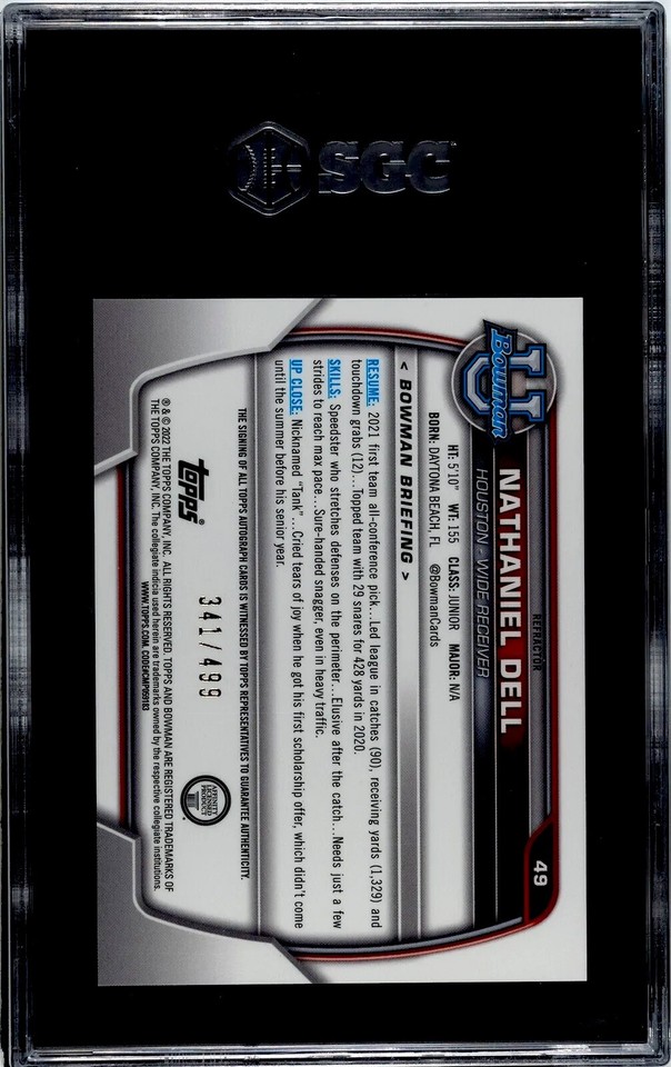 2022 Bowman Chrome Universitiy #49 Tank Dell REFRACTOR /499 SGC 10 w/10 ...