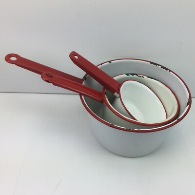 Vintage Enamel White Red Trim Pots Pans Set 3 Farmhouse Style Cookware ...