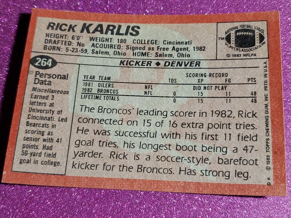 1983 Topps #264 Rich Karlis RC Denver Broncos Rookie Cinncinnati U NFL ...