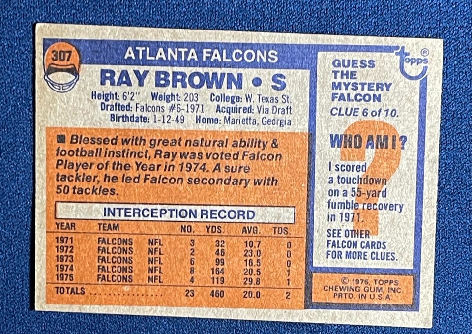 1976 TOPPS #307 RAY BROWN (ATLANTA FALCONS) FOOTBALL CARD | eBay