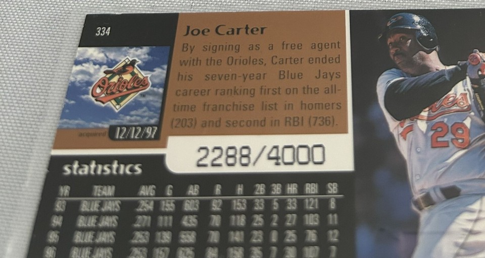 1998 Upper Deck SPx Baseball Joe Carter Baltimore Orioles Trade Winds # ...