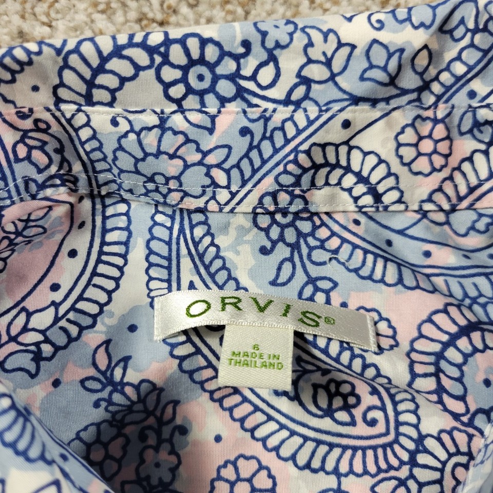 Orvis Shirt Womens 6 Blue Pink Floral Button Up Top Blouse Collared ...