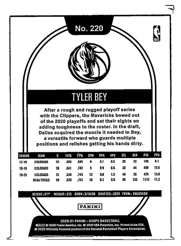 2020-21 Hoops Rookie RC #220 Tyler Bey Dallas Mavericks Basketball Card ...