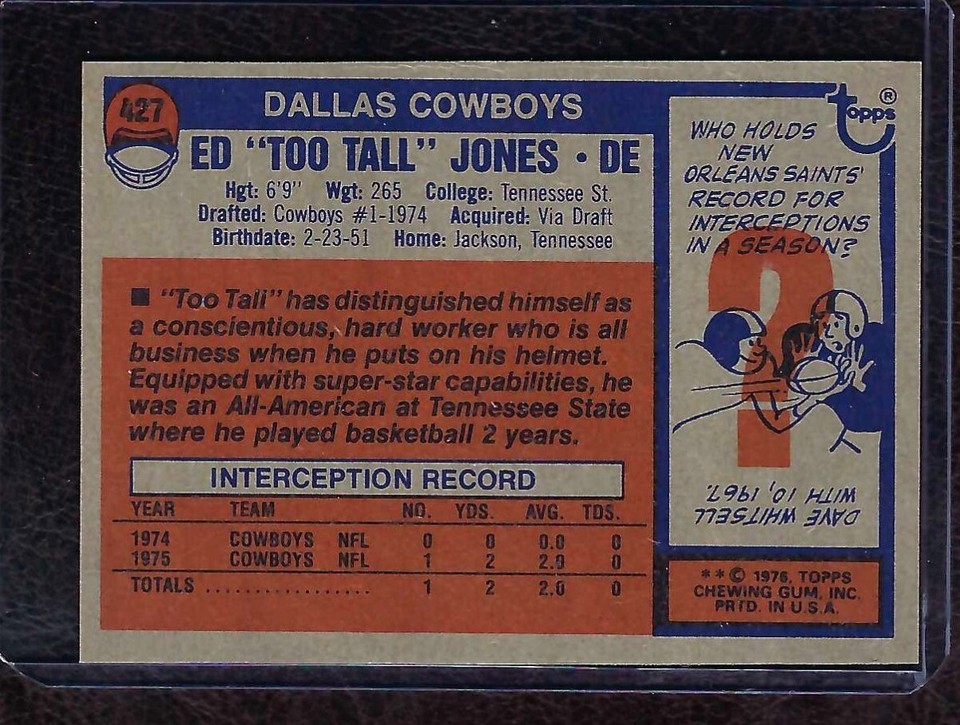 1976 Topps Football #427 Ed "Too Tall" Jones, Dallas Cowboys, Rookie ...