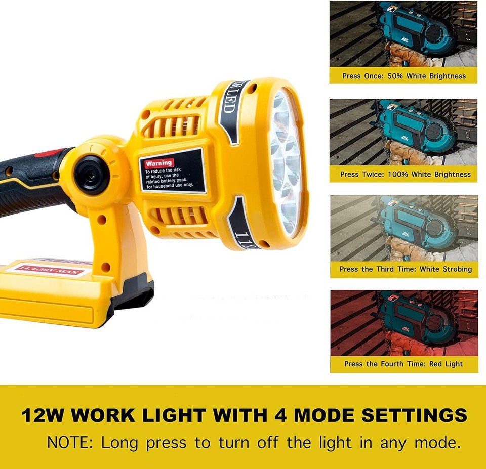 12W 1120LM LED Work Light Torch Powered by Dewalt 20V Li-ion Battery ...