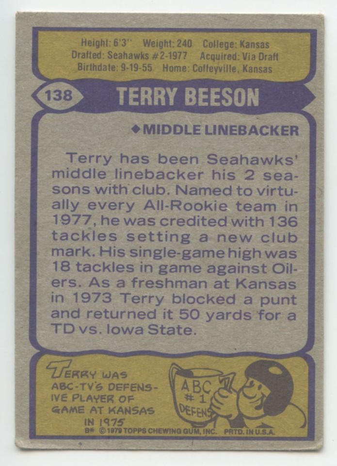 1979 Topps Terry Beeson Seattle Seahawks #138 | eBay