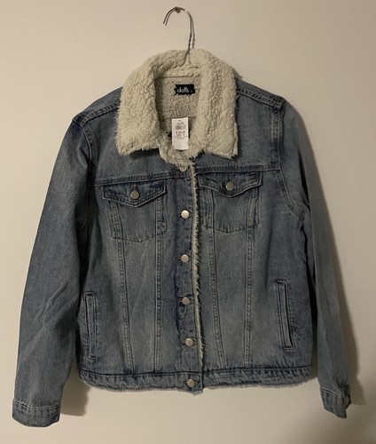 DOTTI Womens Distressed Denim Jacket Sherpa Semi Lined Button Up Size ...