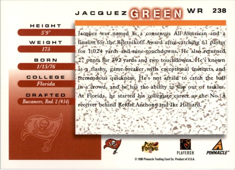 1998 Score Jacquez Green #238 Rookie RC Tampa Bay Buccaneers Florida ...
