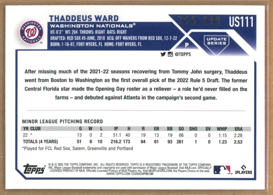2023 Topps Update Thaddeus Ward RC /499 Washington Nationals #US111 | eBay