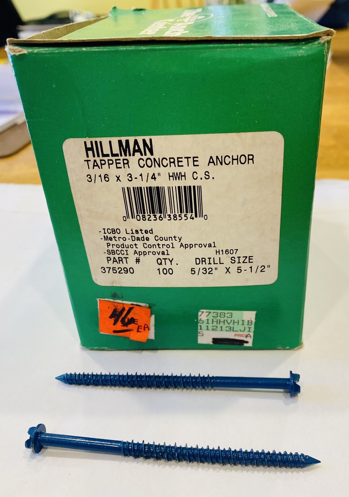 Hillman Tapper Concrete Anchors 3/16" x 3-1/4" Box of 100 Pcs (minus ...