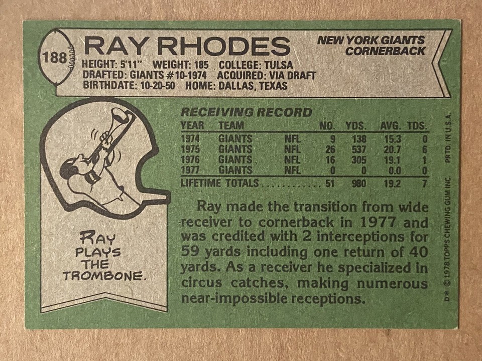 RAY RHODES Signed 1978 Topps #188 NY Giants Eagles Packers Tulsa ...