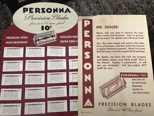 VINTAGE PERSONNA RAZOR BLADE STORE COUNTER ADVERTISING DISPLAY w/ ORIG ...