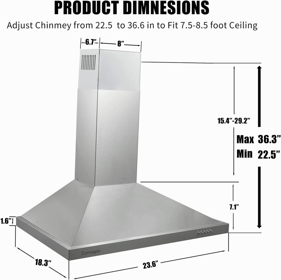 450 CFM 24" Range Hood Stainless Steel Kitchen Vent Wall Mount Hood ...