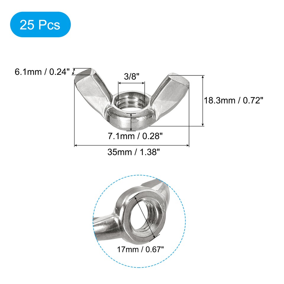 3/8"-16 Wing Nut 25 Pcs, 304 Stainless Steel Butterfly Wing-Nut, Silver ...