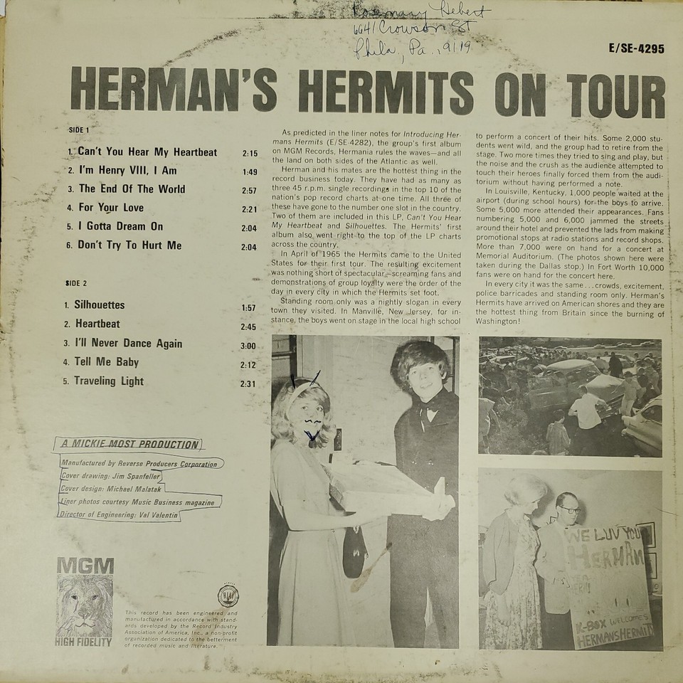 Herman's Hermits On Tour MGM Records E-4295 33 RPM vinyl LP | eBay