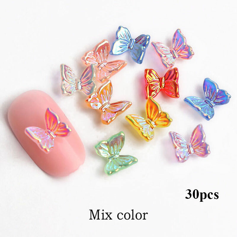 30Pcs 3D Butterfly Resin Glitter Nail Art Tips Charm Decor DIY Manicure ...