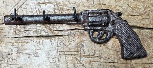 Gun Pistol Revolver Wall Hook Key Rack Cast Iron Rustic Western Brown ...