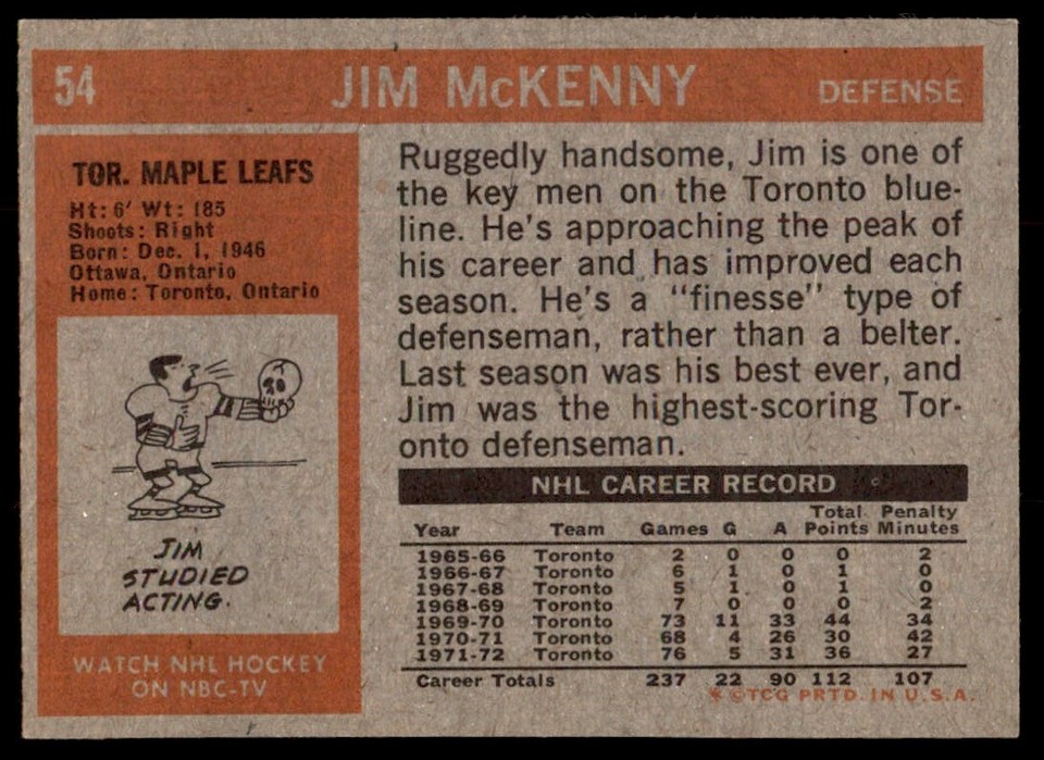 1972-73 TOPPS JIM MCKENNY TORONTO MAPLE LEAFS #54 EXMT-NM | eBay