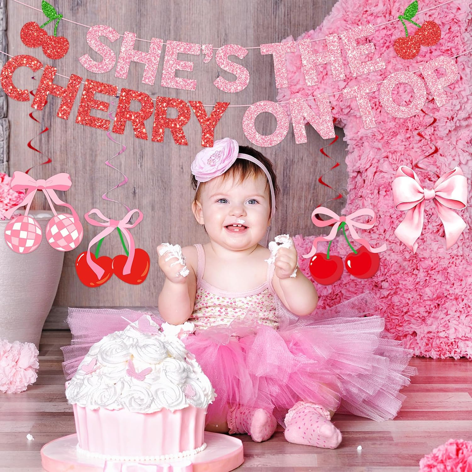 12 Pcs She's The Cherry on Top Banner Cute Cherry Bow Hanging Swirl Red ...