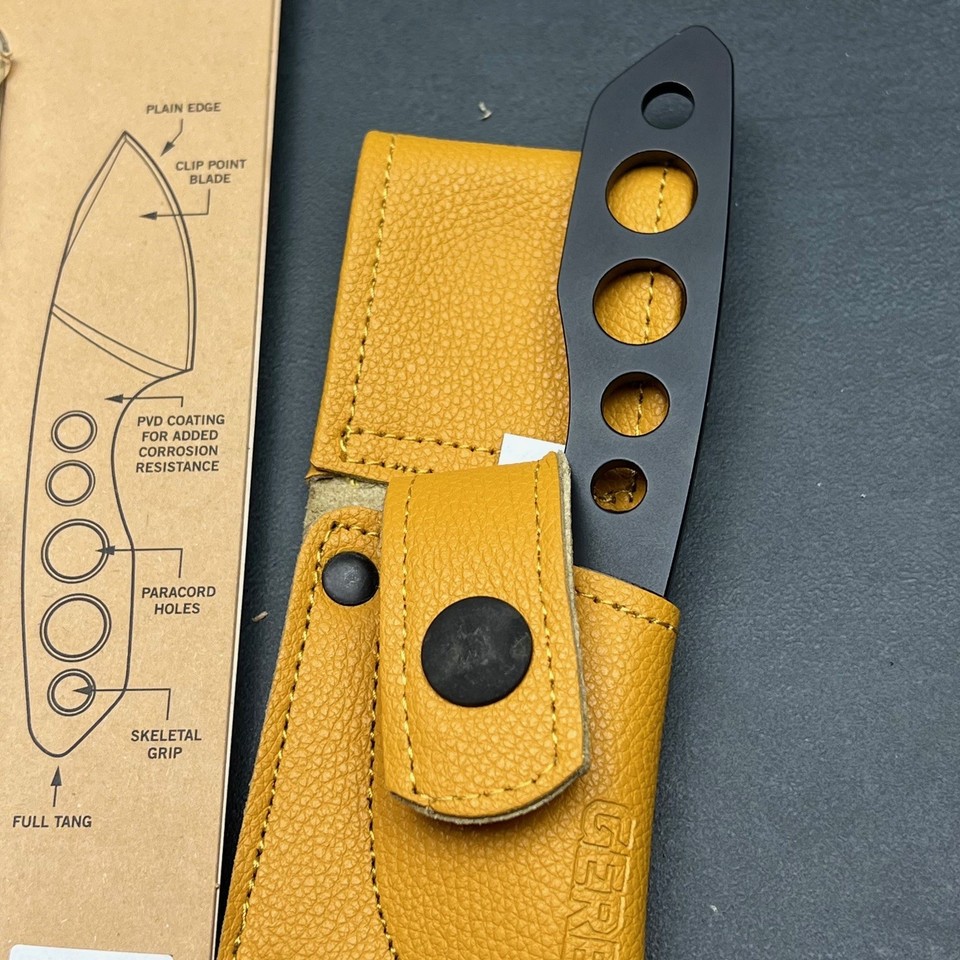 Gerber Black Skeletonized Dibs Fixed Blade Knife with Genuine Leather ...