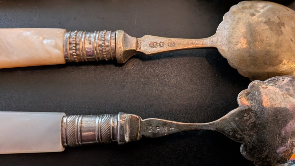 Antique MOP Mother Of Pearl Silverware Spoons Forks Knives Serving Set ...