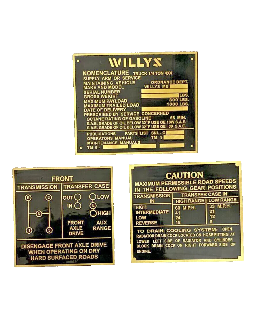 New Brass Black Dash Data Plate 3 Unit For Jeeps Willys Ford CJ2A CJ3A ...