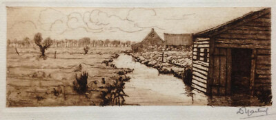 SIGNED Etching & Drypoint ~ OSKAR PAUL MATHES ~ c.1905 Canal Farm DUTCH ...