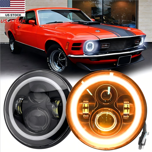 Pair 7 Inch Round Led Headlights Hi/Lo Beam Halo DRL For Ford Mustang ...