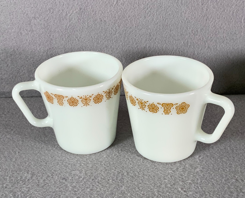 Vtg Lot 2 Pyrex Milk Glass Coffee Mug Golden Butterflly Pattern White ...