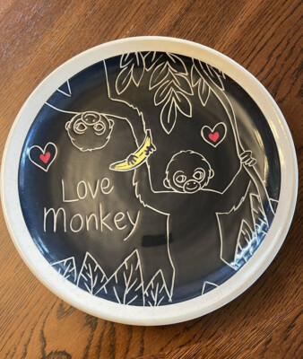 J Wells Monkey Plate serve ware 11” Black Yellow Love Monkey Bananas | eBay
