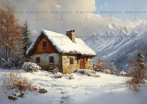 MOUNTAIN CABIN LANDSCAPE ART PRINT, Rustic Home Decor, Winter Snow ...