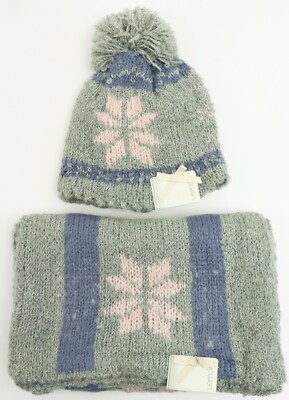 New Women's Lemon Wool Blend Snowflake Scarf & Pom Pom Beanie Hat Set ...