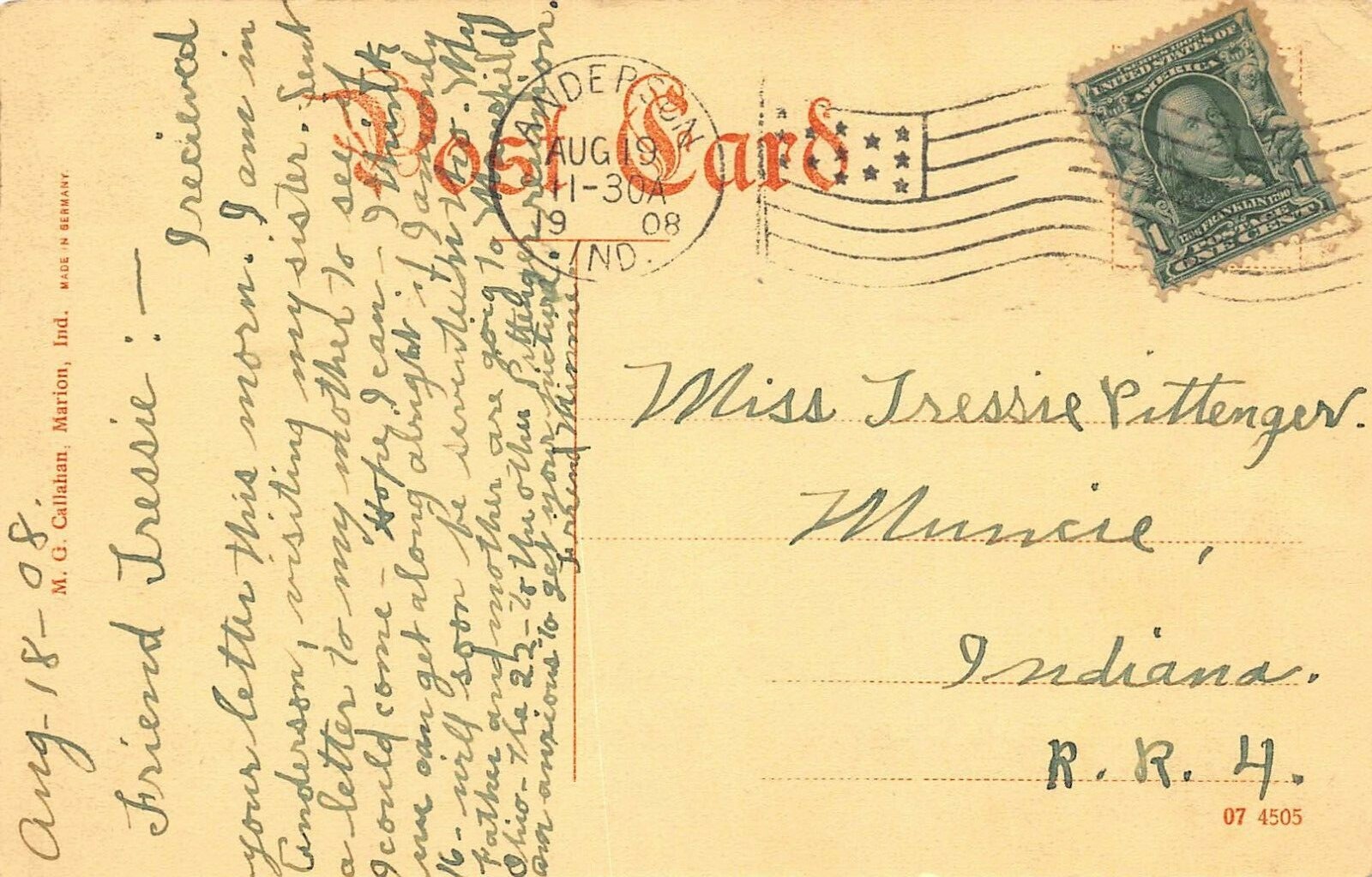 Marion Indiana Third Street View Street Gar Track Antique 1908 Postcard ...