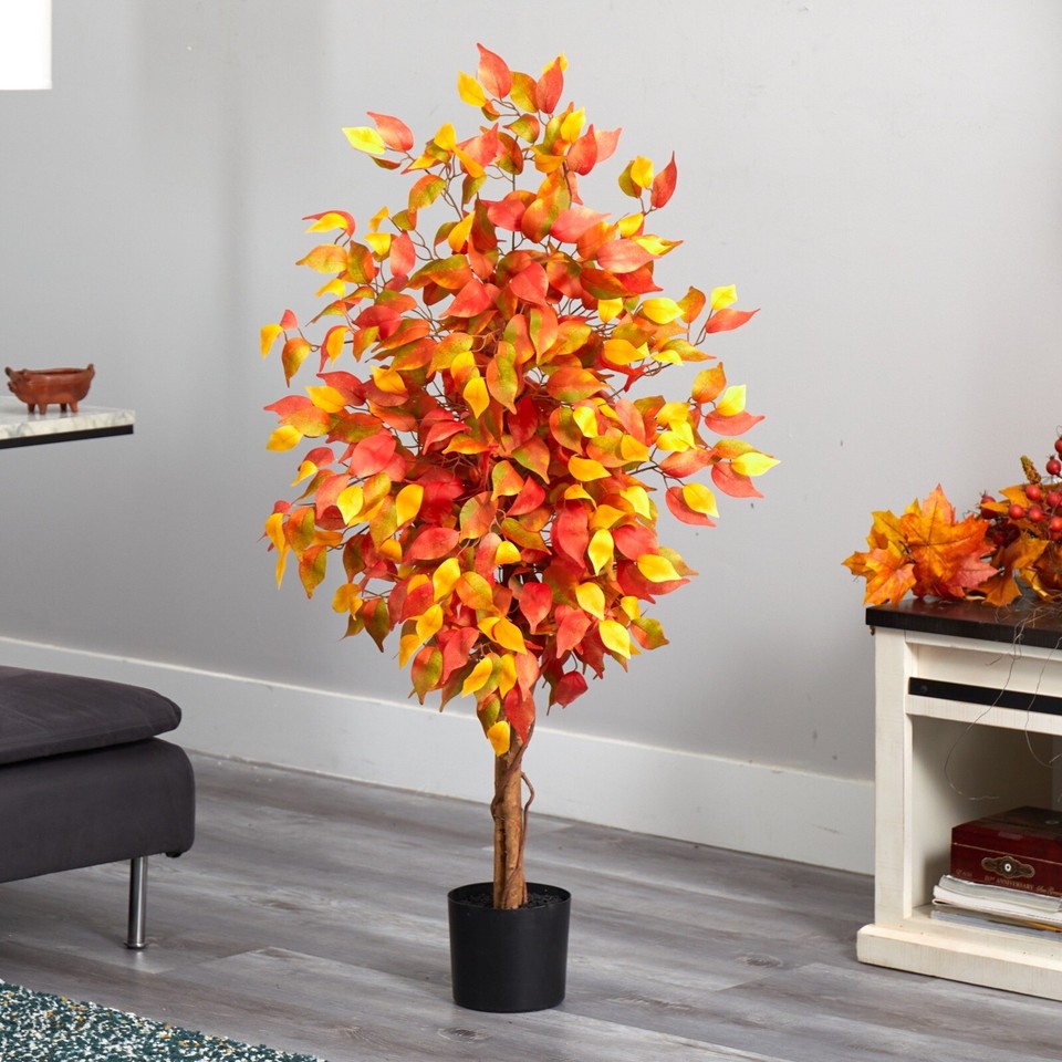 4’ Fall Ficus Autumn Artificial Tree w/Natural Wood Trunk Home Decor ...