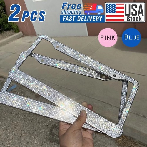 USA 2PCS Bling License Plate Frame Glitter Crystal Sparkling Rhinestone ...