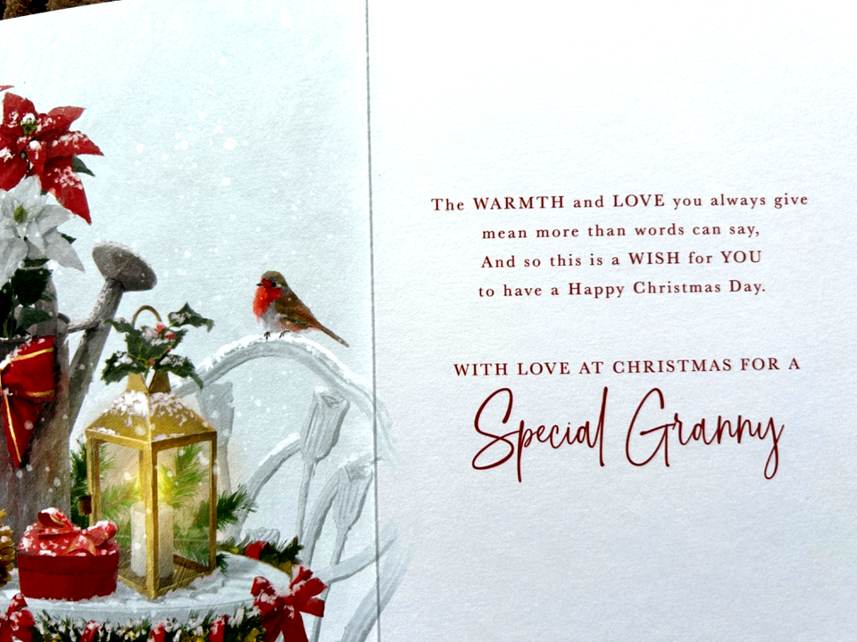SPECIAL GRANNY CHRISTMAS CARD, Watering Can & Robin, Gold Foil, Loving ...