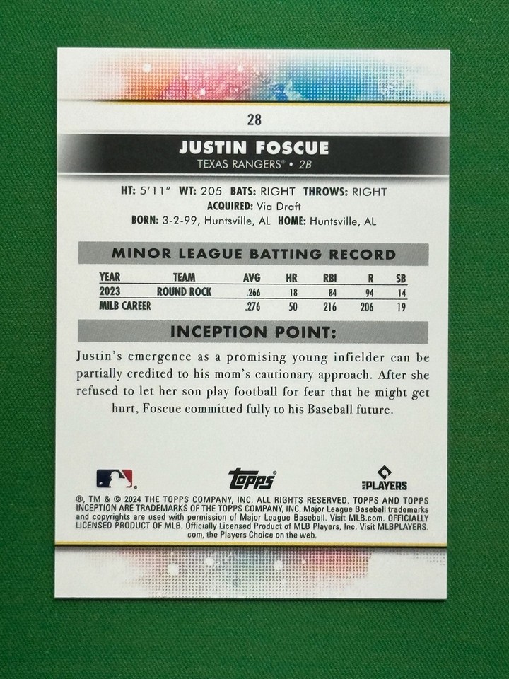 2024 Topps Inception Baseball Green Parallel #28 Justin Foscue RC | eBay