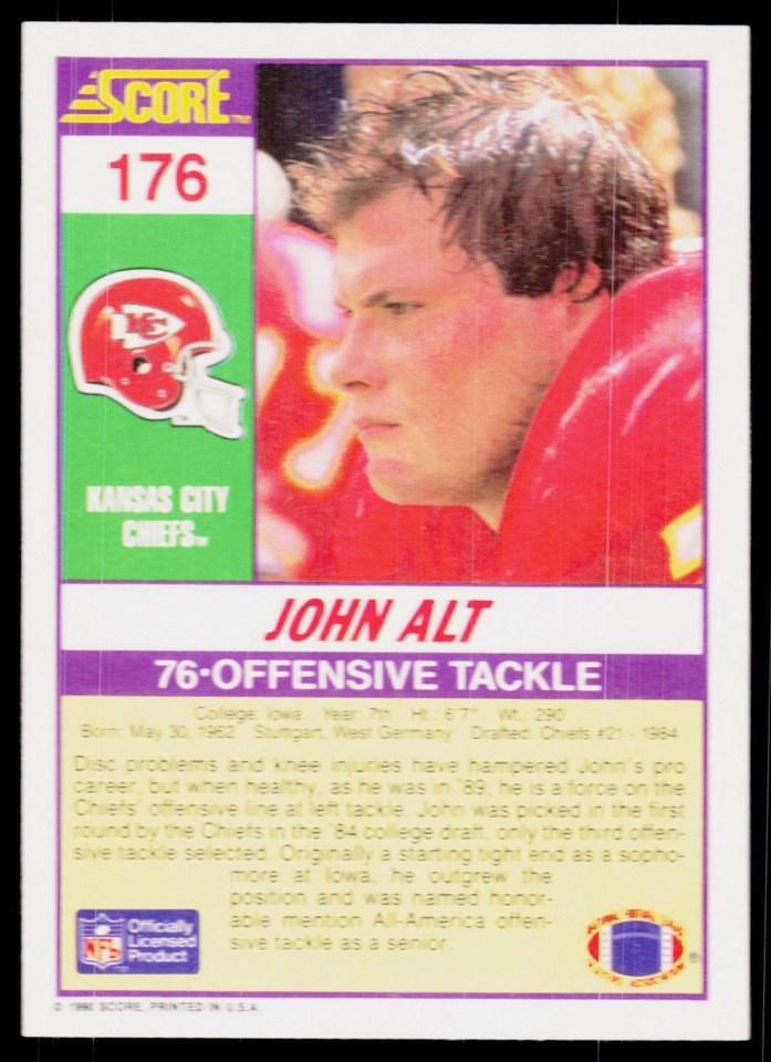 John Alt, 1990 Score, #176, Kansas City Chiefs, RC | eBay