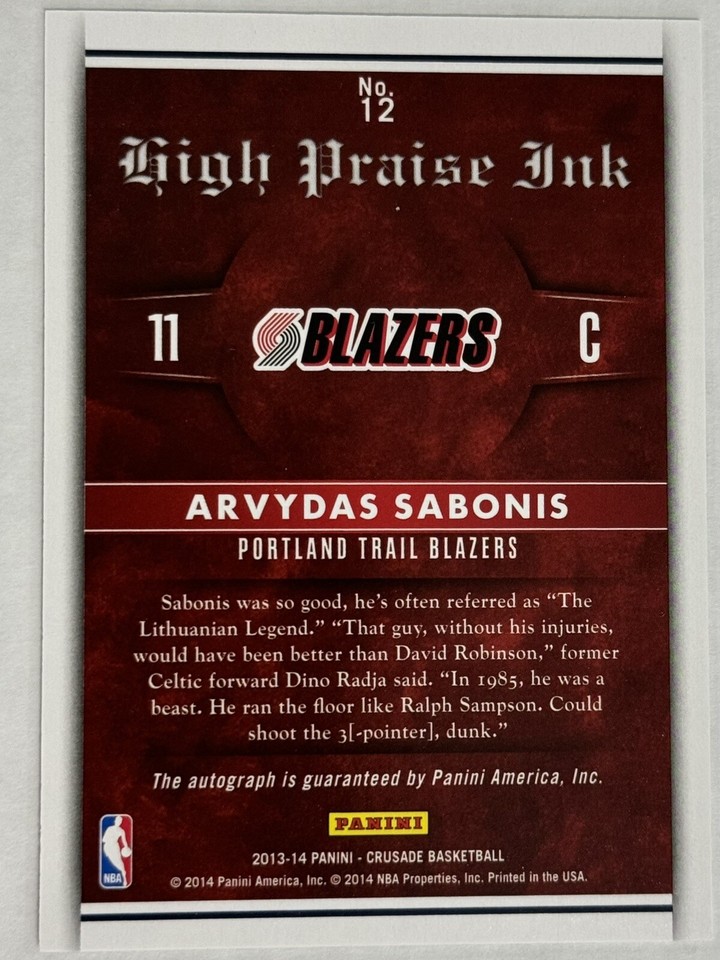 2013-14 CRUSADE HIGH PRAISE INK Arvydas Sabonis Trailblazers #12 ...