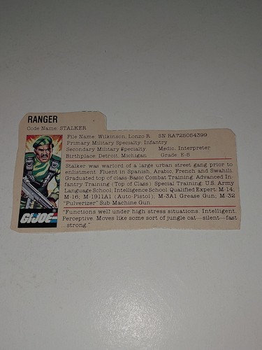 VINTAGE HASBRO GI JOE STALKER FILE CARD RED BACK MAIL AWAY CUT | eBay