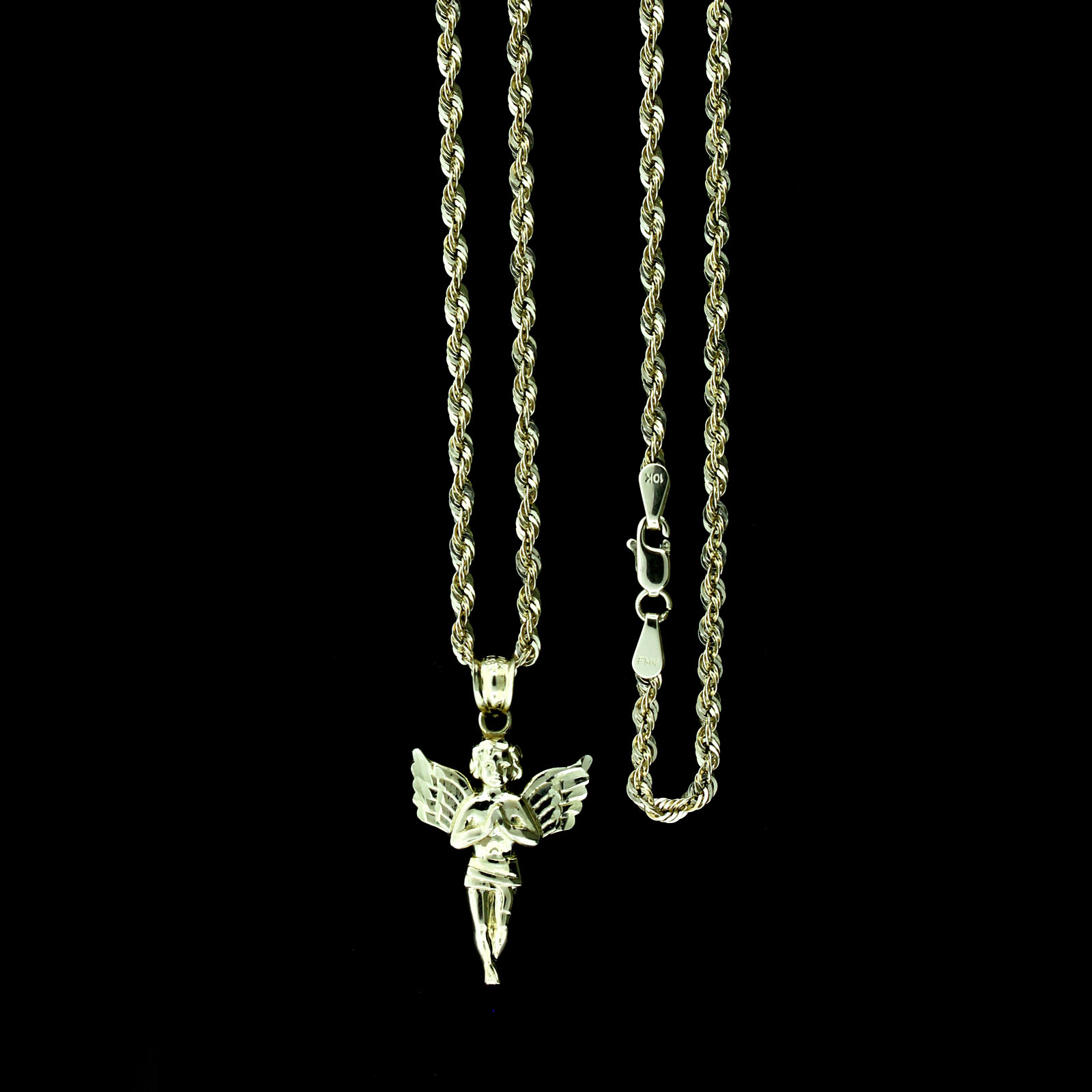 10K Yellow Gold Diamond Cut Praying Hands Angel Pendant & 2mm Rope ...