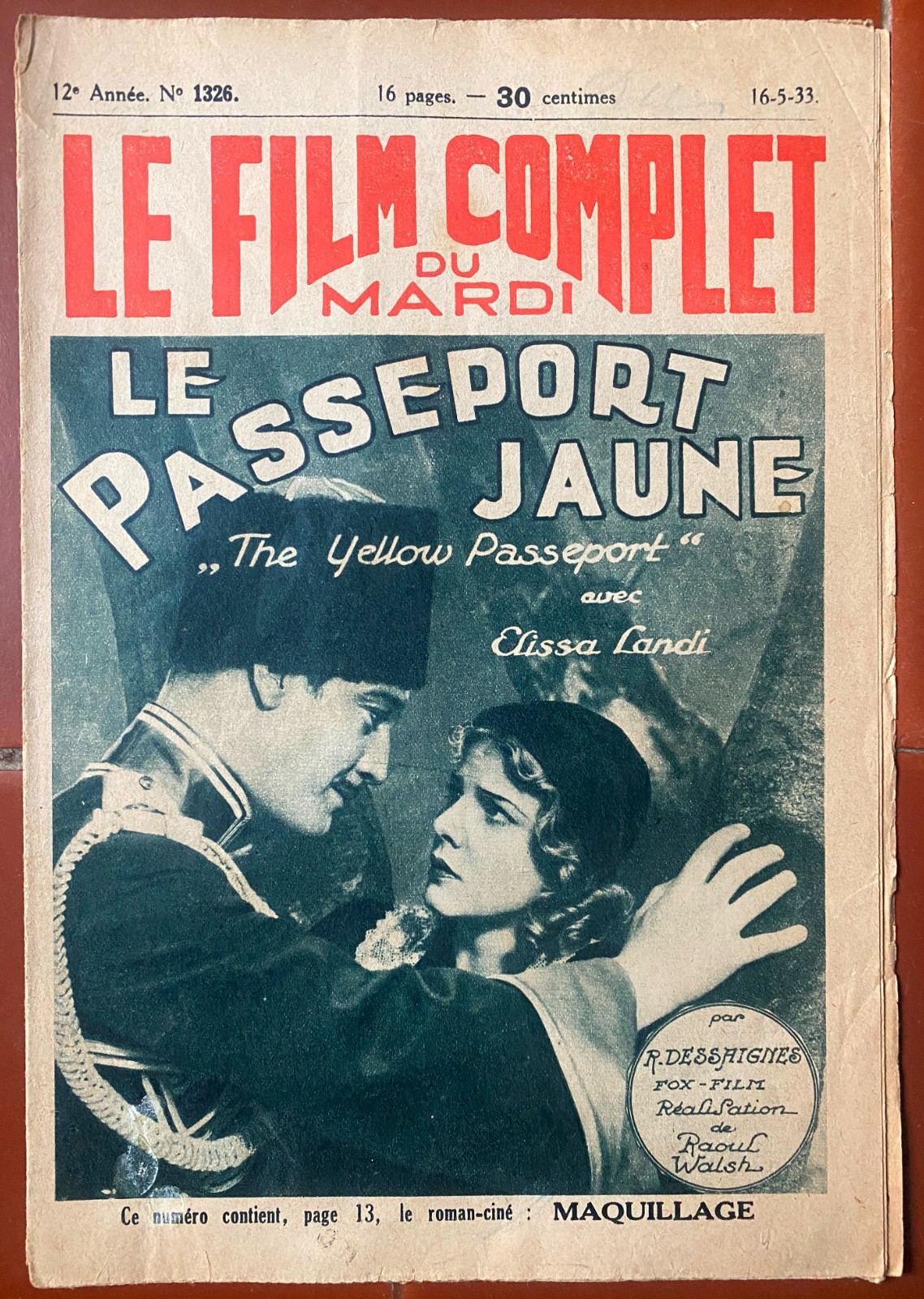 Magazine FILM COMPLET n°1326 LE PASSEPORT JAUNE Yellow Ticket RAOUL ...