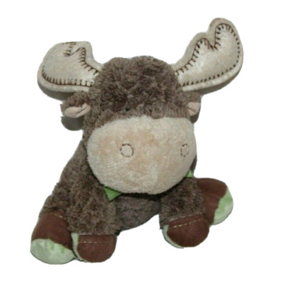 Carters Moose Plush Brown Tan Baby Toy 8" Soft Fluffy Green Ribbon Feet ...